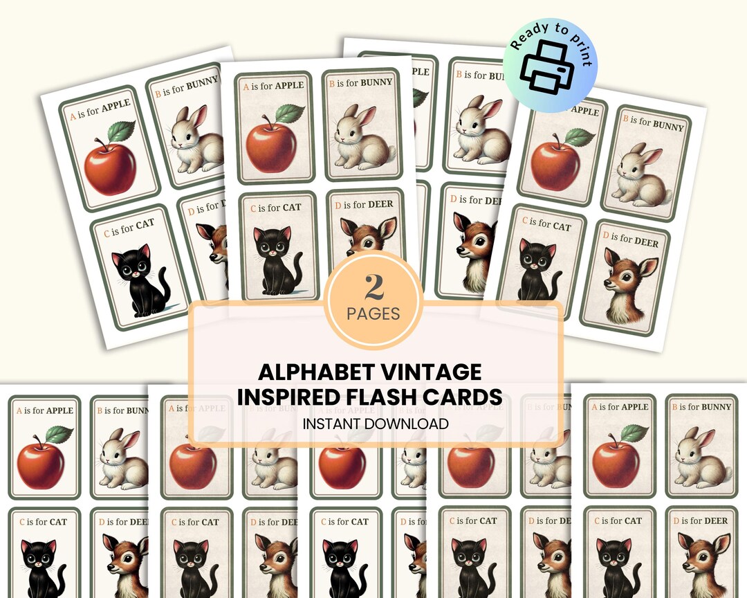 Vintage Alphabet Flash Cards Set, Educational Learning Cards, ABC ...