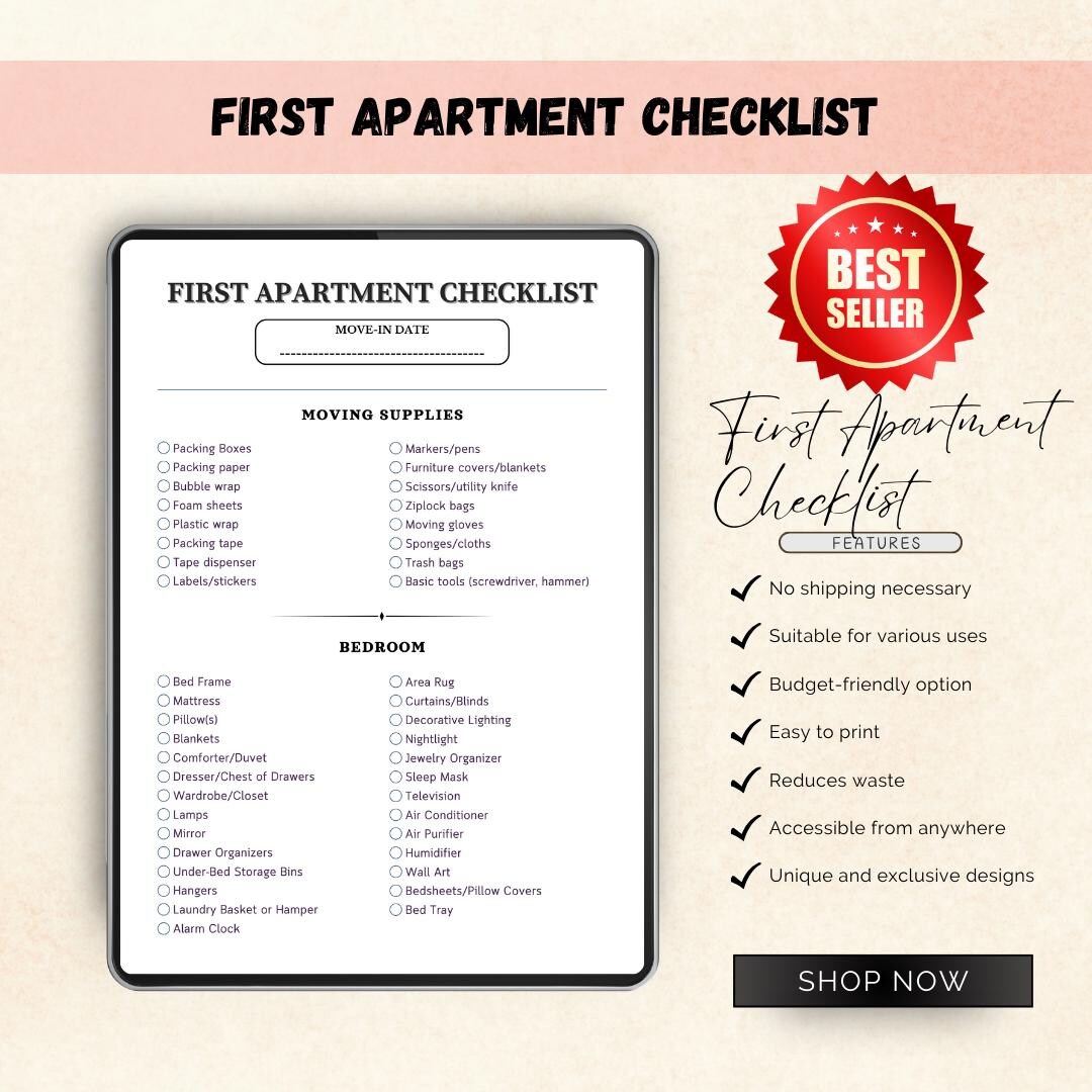 Complete First Apartment Checklist Set, Moving Essentials Bundle, New Home Gift, Apartment ...