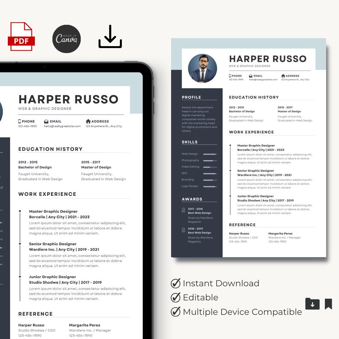 Modern Designer Resume Template, Professional CV Design, Editable ...