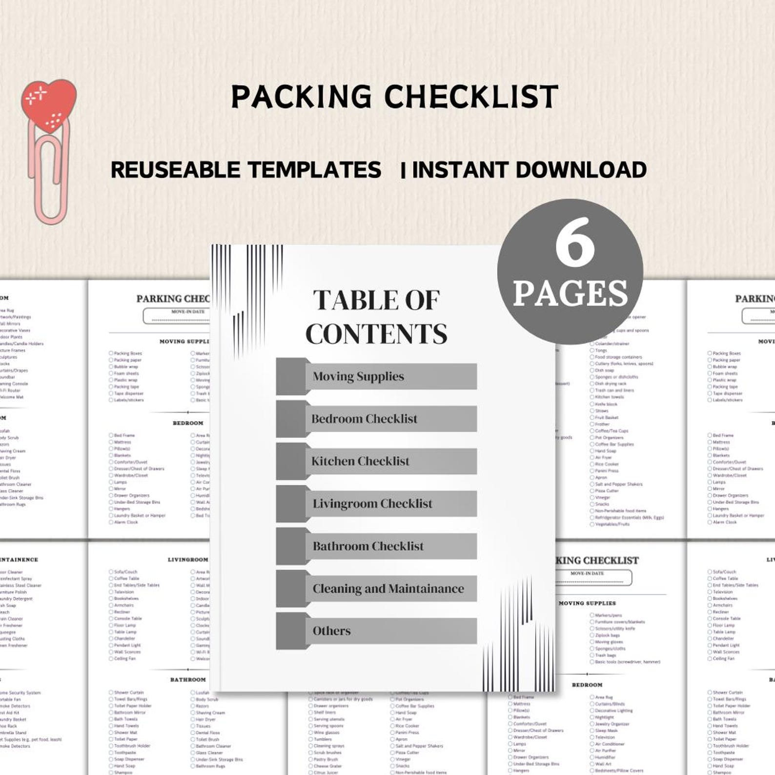 Packing Checklist Planner - Moving Organizer, Printable Packing List ...