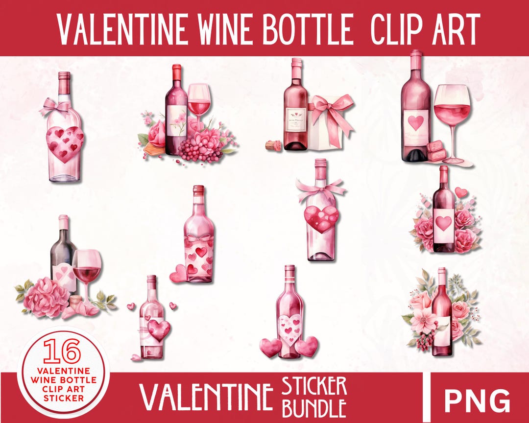 16 Valentine Clip Art Sticker Bundle, Digital Valentine Wine Bottle ...