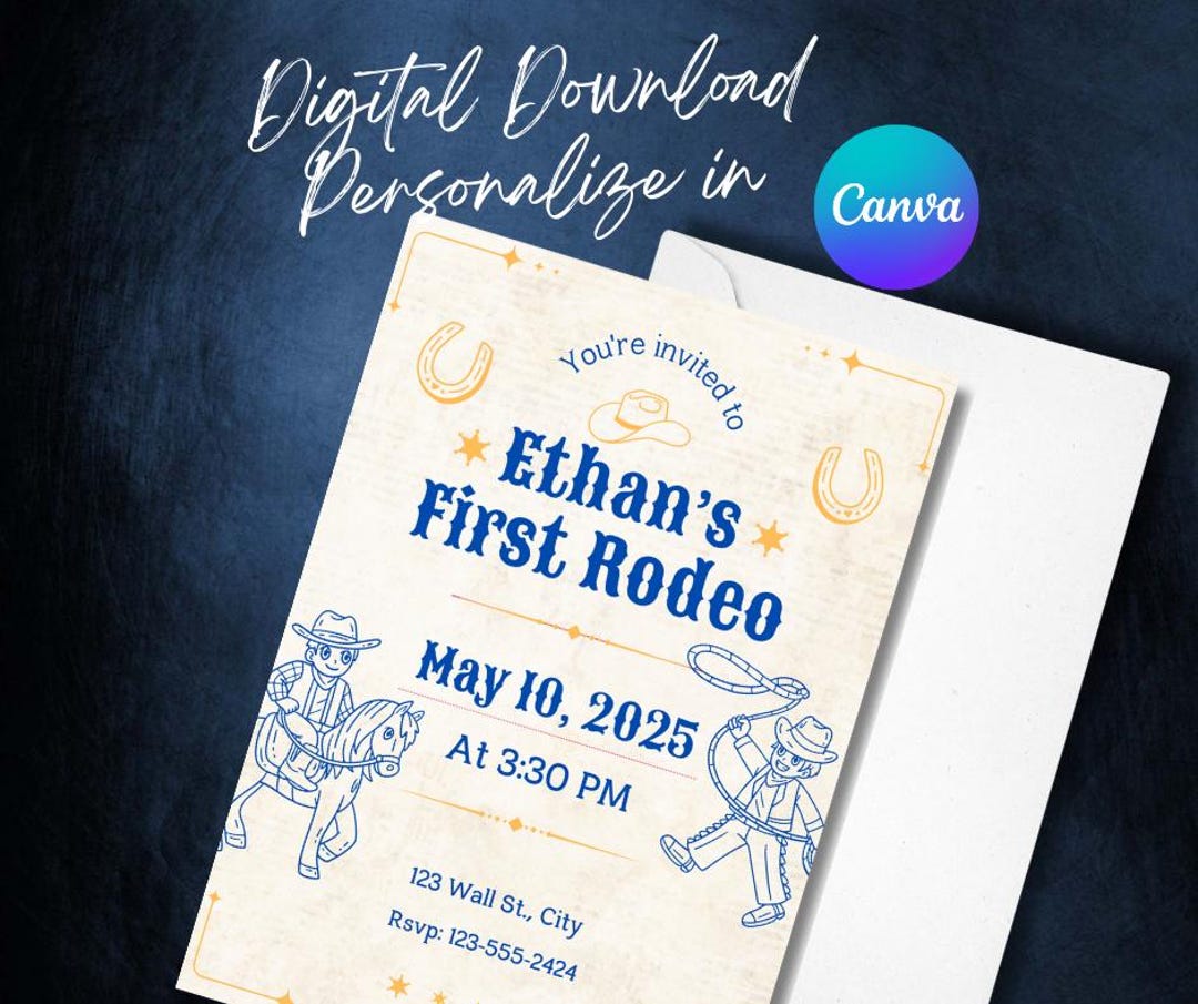 First Rodeo Birthday Invitation: Cowboy Party, Editable in Canva ...