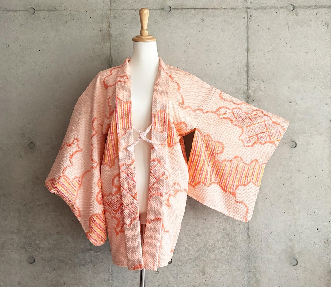 S924: Japanese Vintage Kimono Haori, Jacket, Robe, Dress. Japanese "shibori". Salmon. Cloud ...