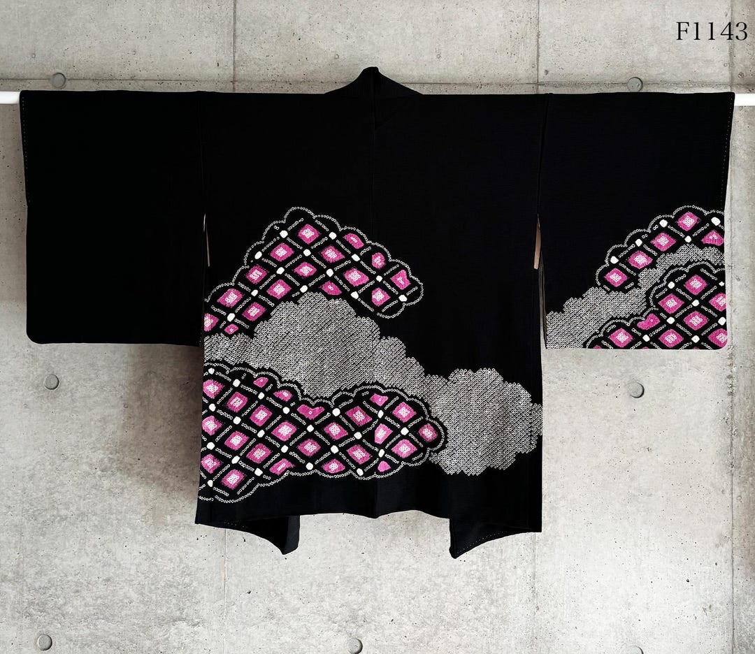 20% off All Items!! F1143: Japanese Vintage Kimono Haori, Jacket, Robe, Dress. Black. Clouds. - Etsy