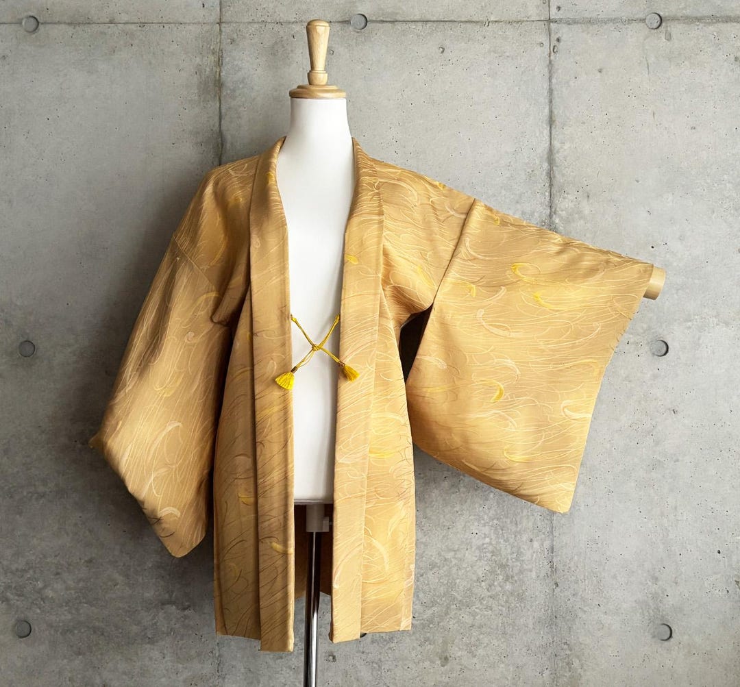 F1361: Japanese Vintage Kimono Haori, Jacket, Robe, Dress. Yellow. Line ...