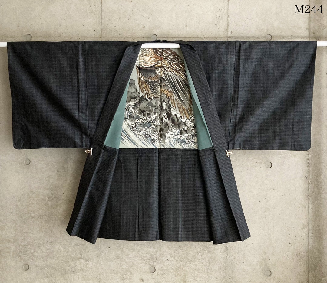 M244: Japanese Vintage Kimono Haori, Jacket, and Robe. "oshima Tsumugi". Blue-black. Eagle. - Etsy