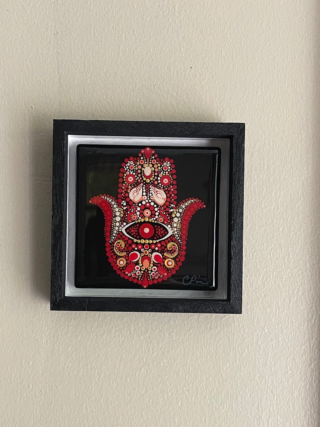 Hamsa Hand Evil Eye Dot Art, Ceramic Tile in Shadow Box - Etsy