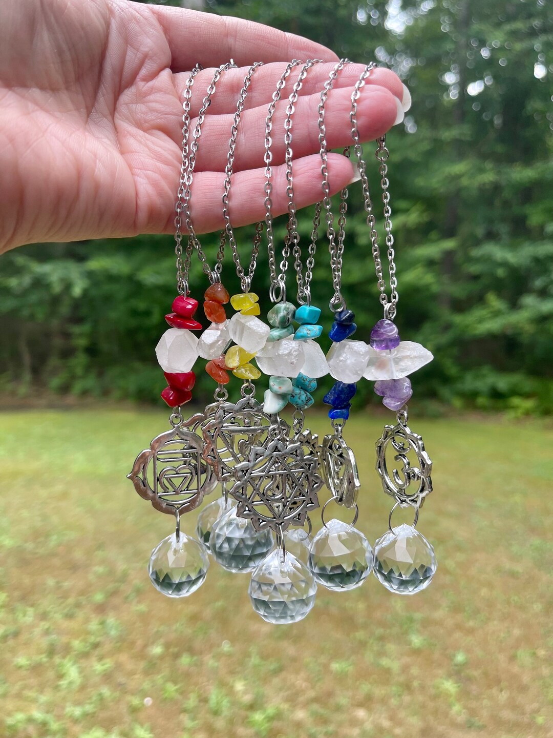 7 Chakra Suncatchers, Gemstone Quartz Crystal Suncatchers, Rear View ...