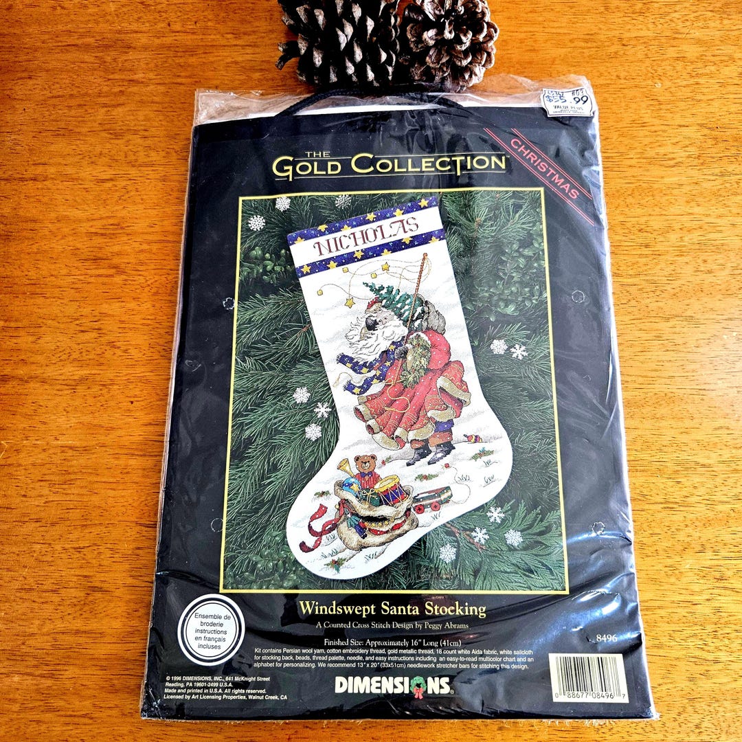 Dimensions Stocking Kit Cross Stitch Gold Collection windswept Santa Stocking Vintage 1996 8496 ...