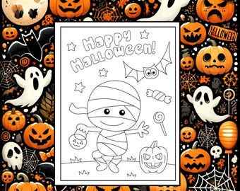 Happy Halloween Coloring Page for Kids | Cute Ghost & Pumpkin | Digital ...