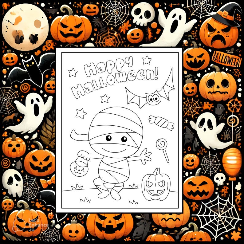Happy Halloween Coloring Page for Kids | Cute Mummy, Bat & Pumpkin ...