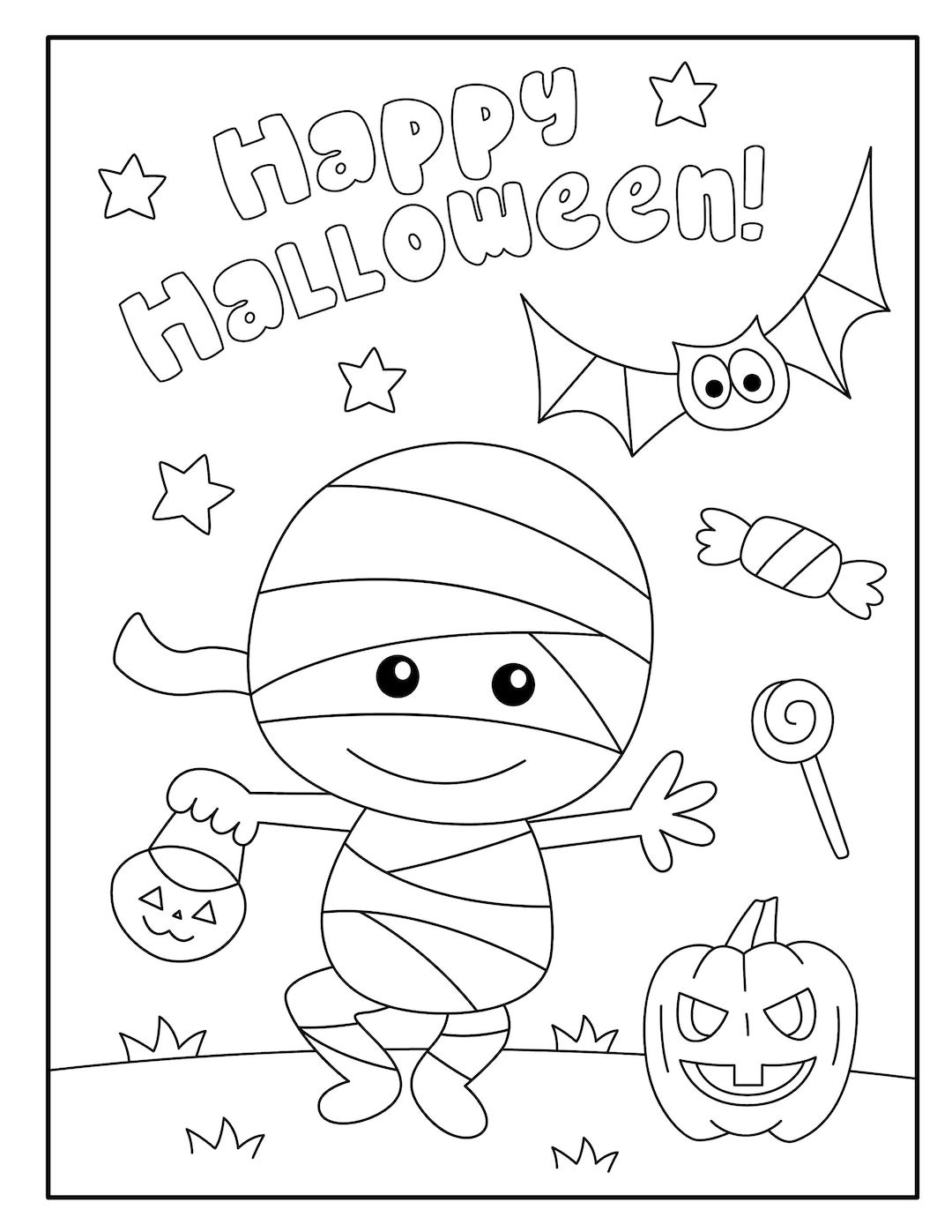 Happy Halloween Cute Children Mummy Bat Pumpkin Coloring Page - Etsy