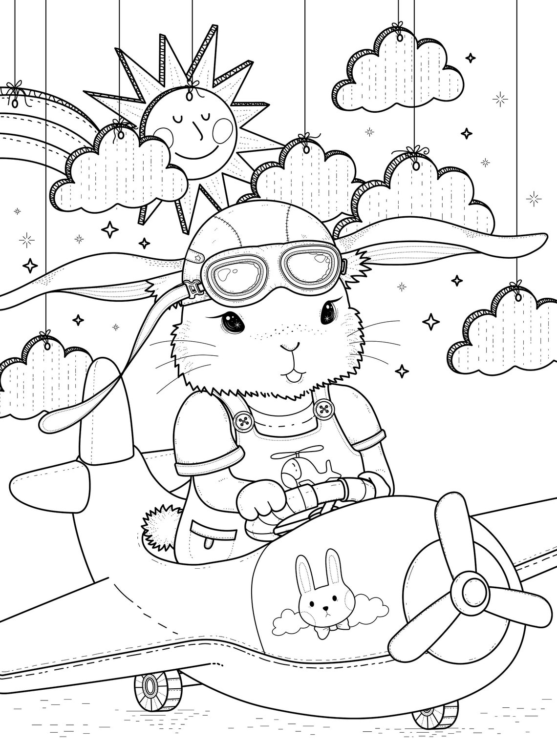 Rabbit Bunny Pilot Coloring Page for Kids | Fun & Adorable Design ...
