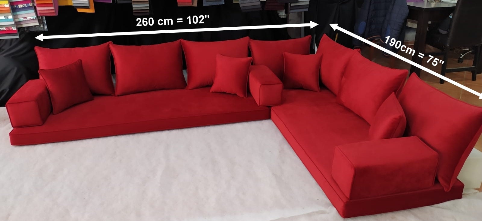 L SHAPED Dark Red Floor Sofa,red Velvet Floor Couch,red Color Luxury ...