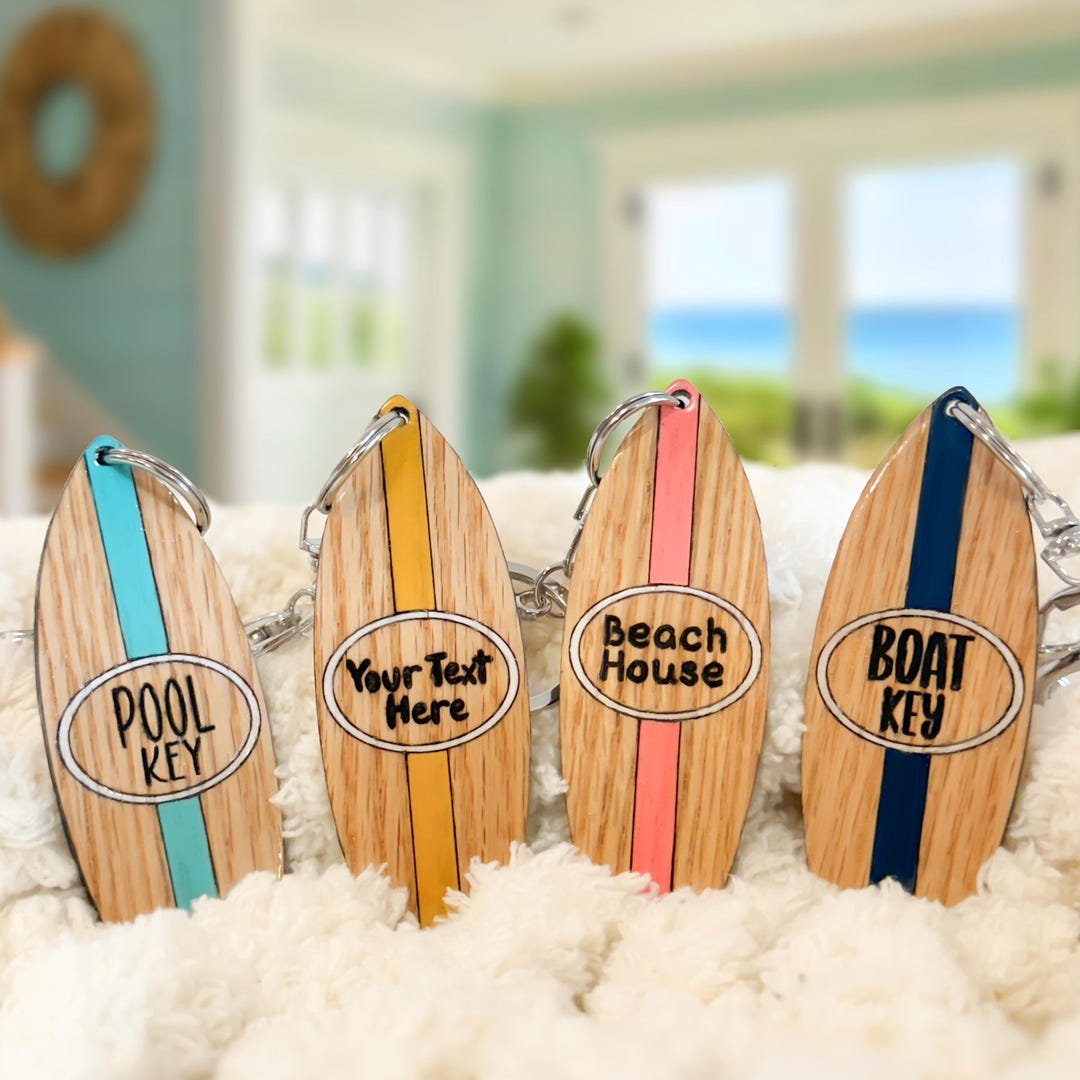 Resin Surfboard Keychain Custom Text Wood Surfboard Coastal Name Tag ...