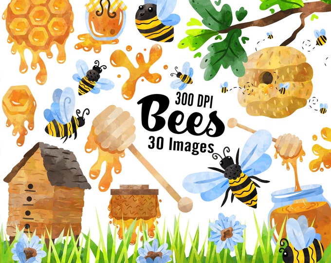 Watercolor Bee Clipart, Watercolor Honey Clipart, Honey Bee Clipart ...