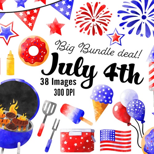 Watercolor 4th of July Clipart Independence Day Patriotic - Etsy