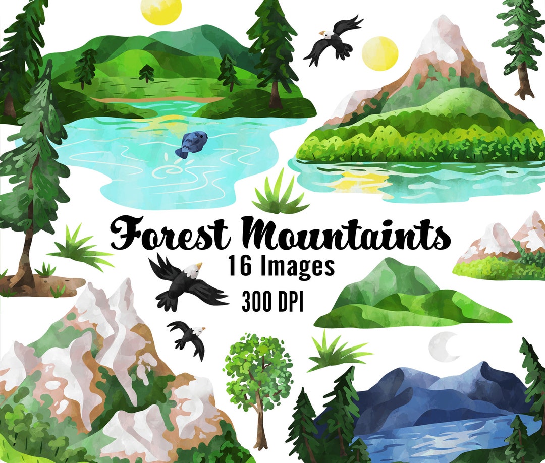 Mountain Clipart, Forest Nature Mountains, Watercolor Digital Download ...