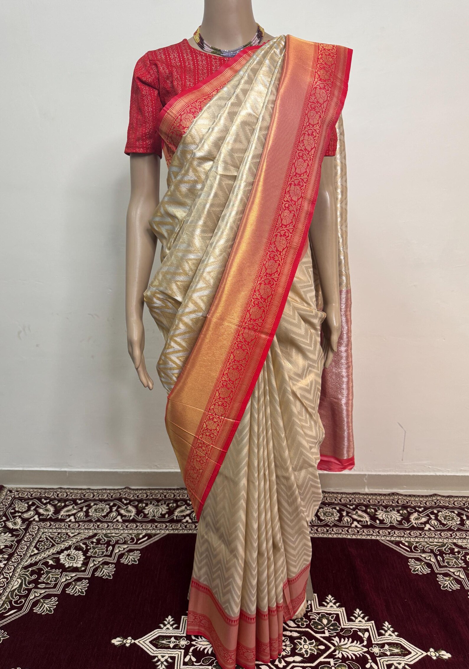 Golden Silk Saree: Red Geometric Pattern, Indian Wedding Sari - Etsy