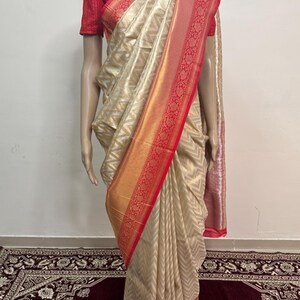 Golden Silk Saree: Red Geometric Pattern, Indian Wedding Sari - Etsy
