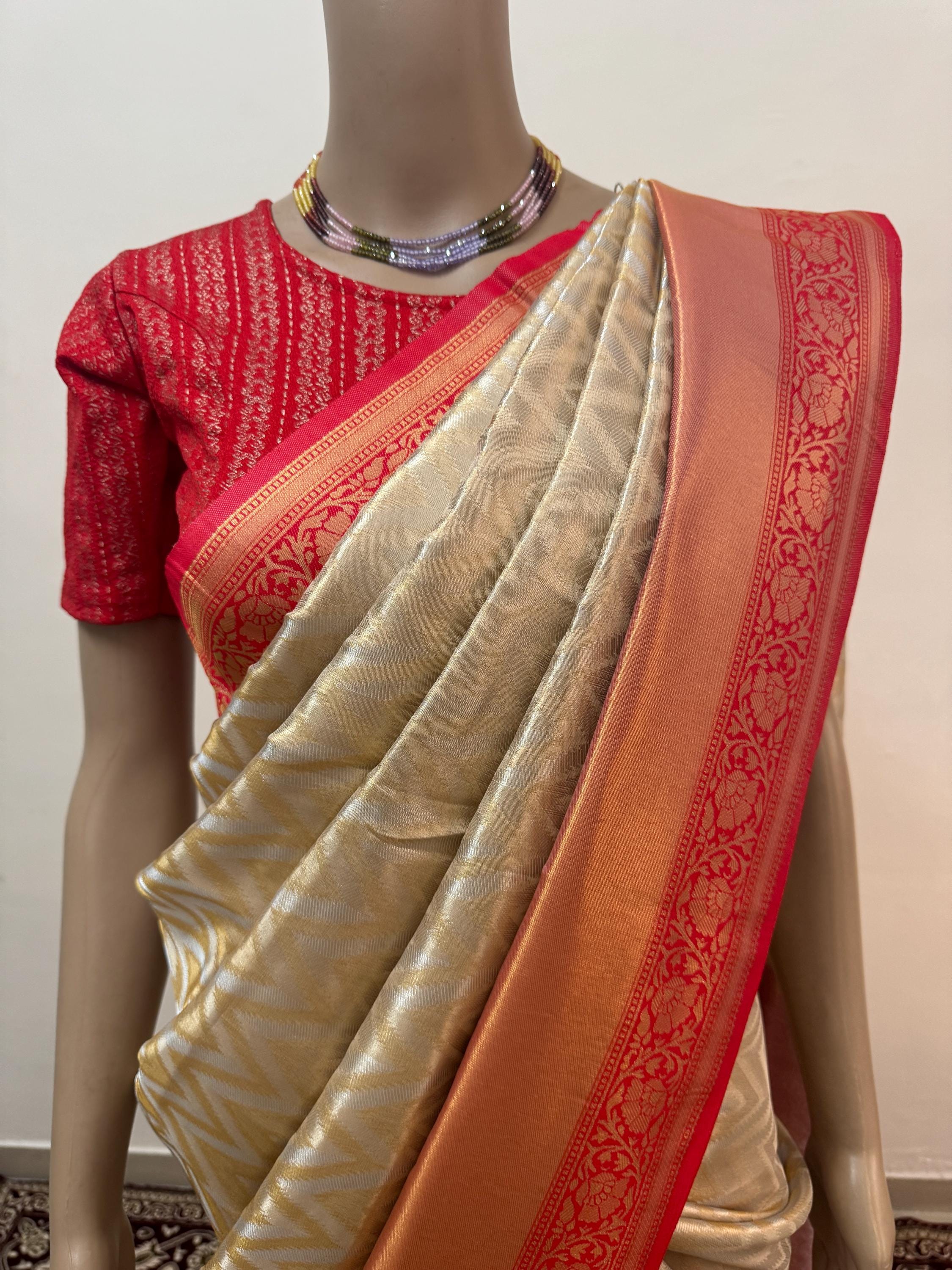 Golden Silk Saree: Red Geometric Pattern, Indian Wedding Sari - Etsy