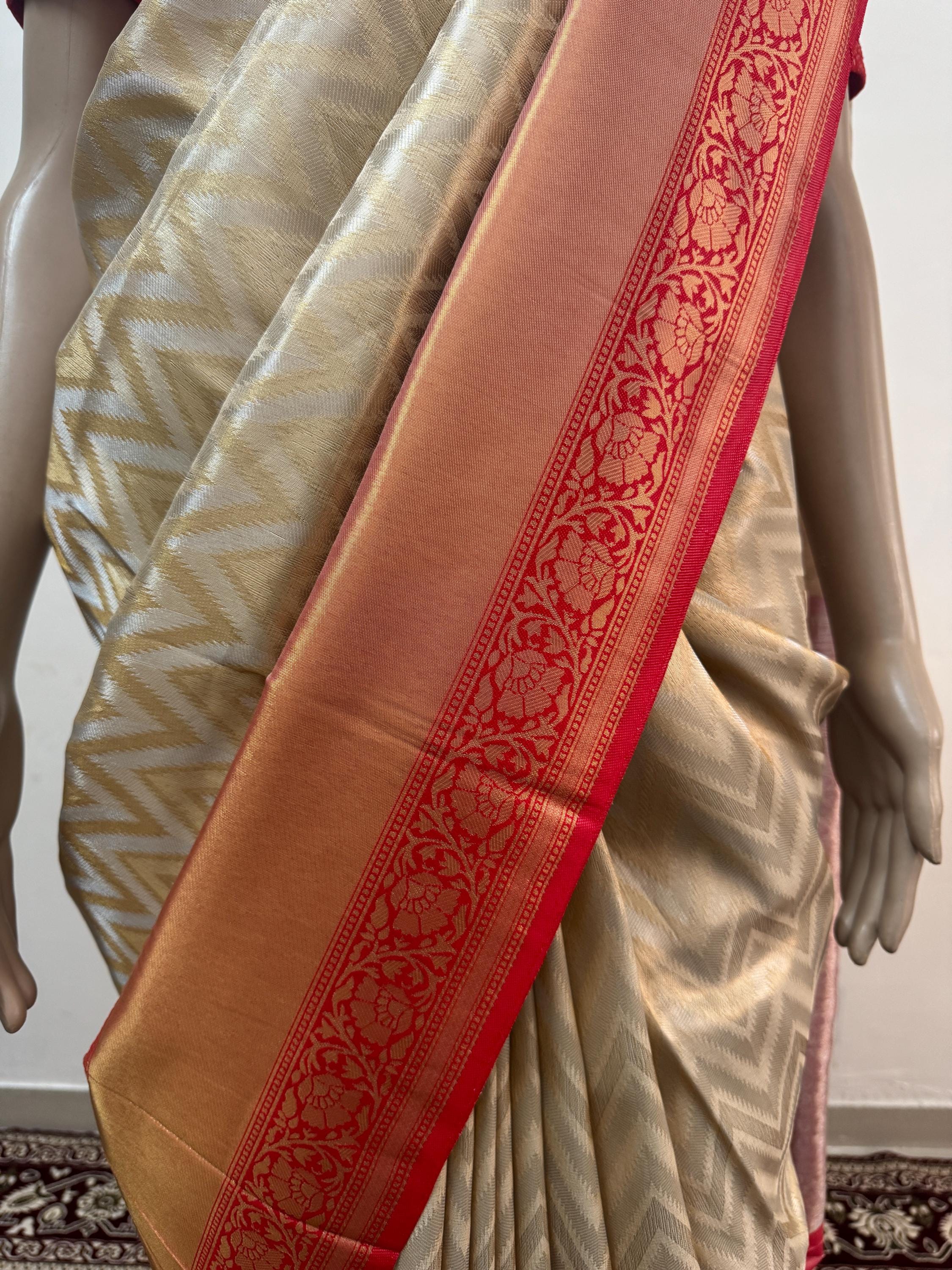 Golden Silk Saree: Red Geometric Pattern, Indian Wedding Sari - Etsy