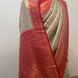Golden Silk Saree: Red Geometric Pattern, Indian Wedding Sari - Etsy