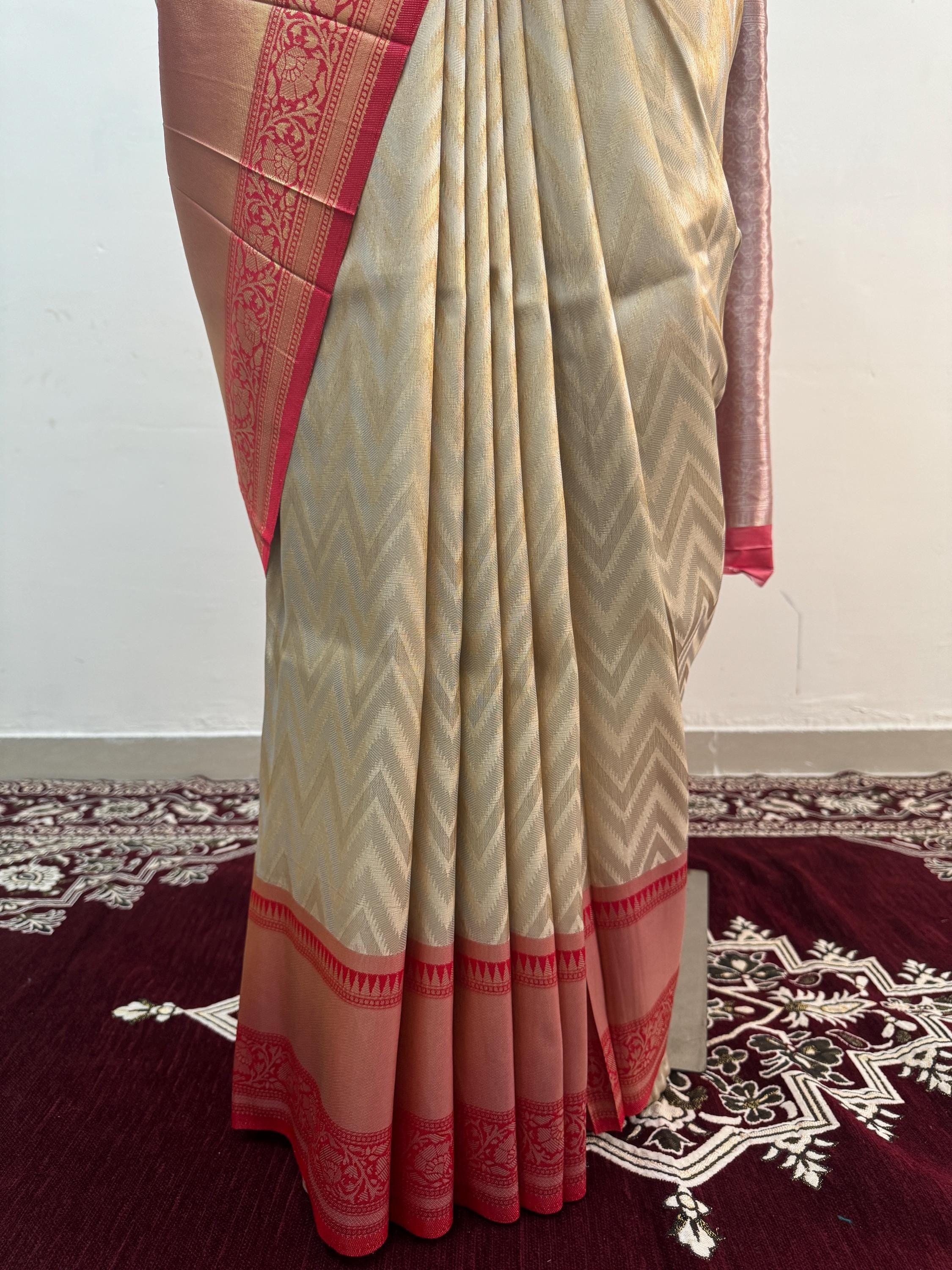 Golden Silk Saree: Red Geometric Pattern, Indian Wedding Sari - Etsy