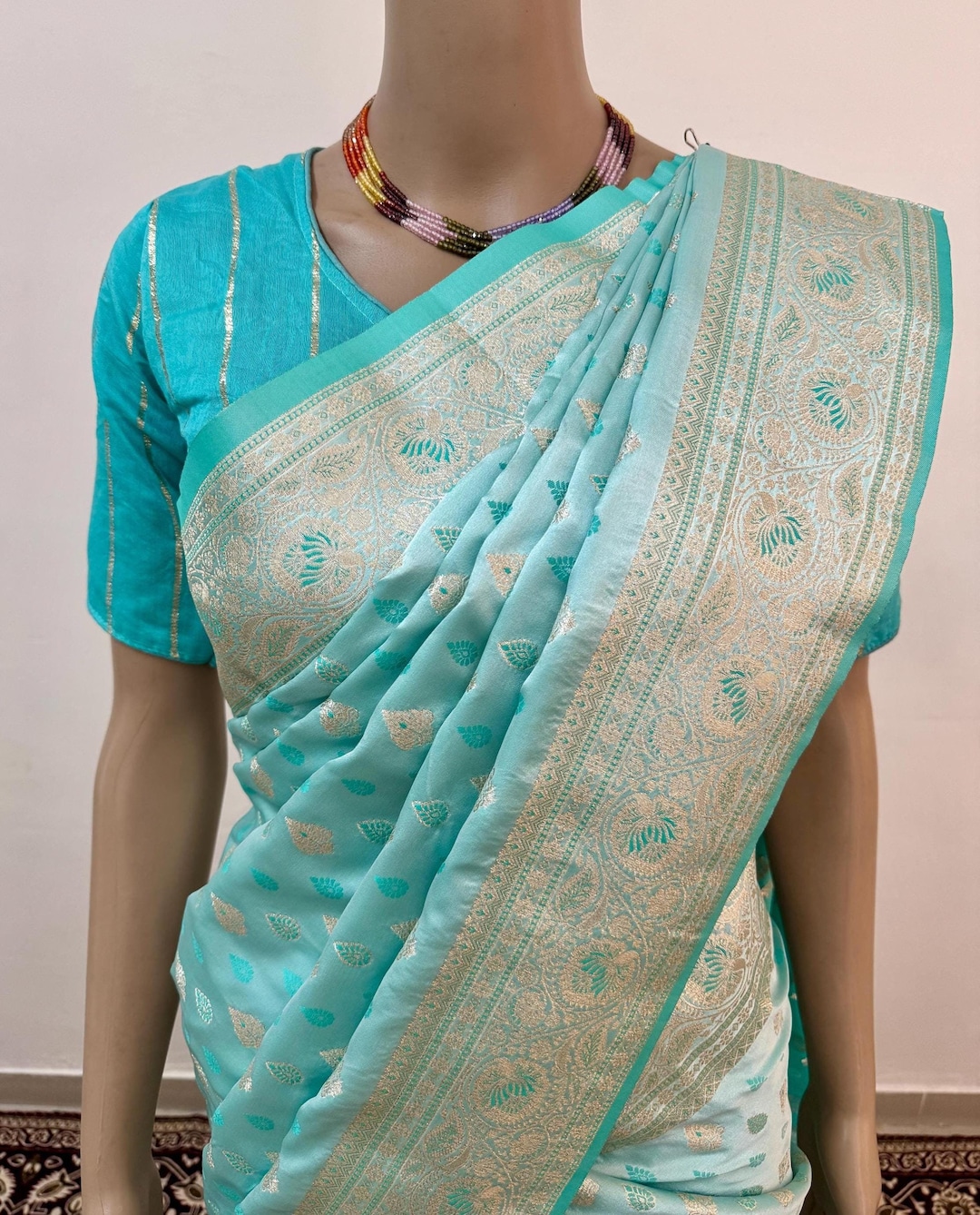 Turquoise Blue Banarasi Satin Silk Saree: Zari Weave, Self Buti Pattern ...