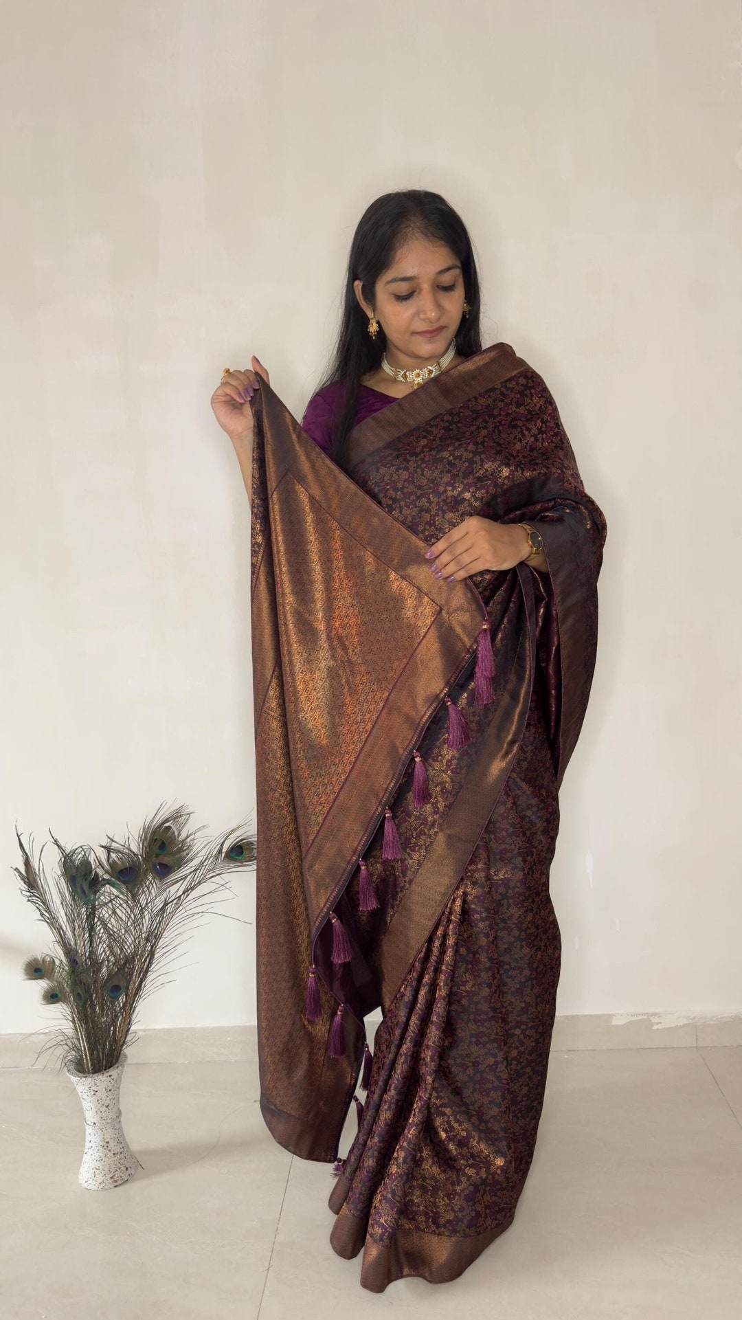 Wine Kanjivaram Brocade Silk Saree: Copper Zari Work, Indian Wedding ...
