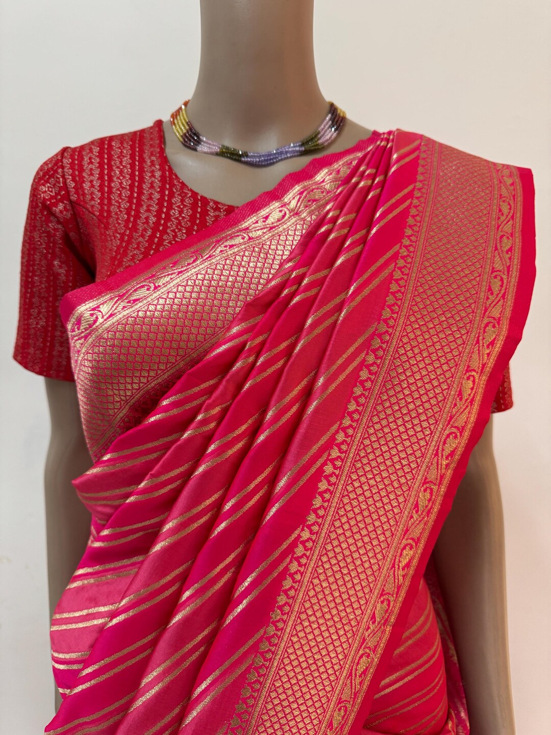 Banarasi Katan Silk Saree: Leheriya Strap Pattern, Dual Tone Pink - Etsy
