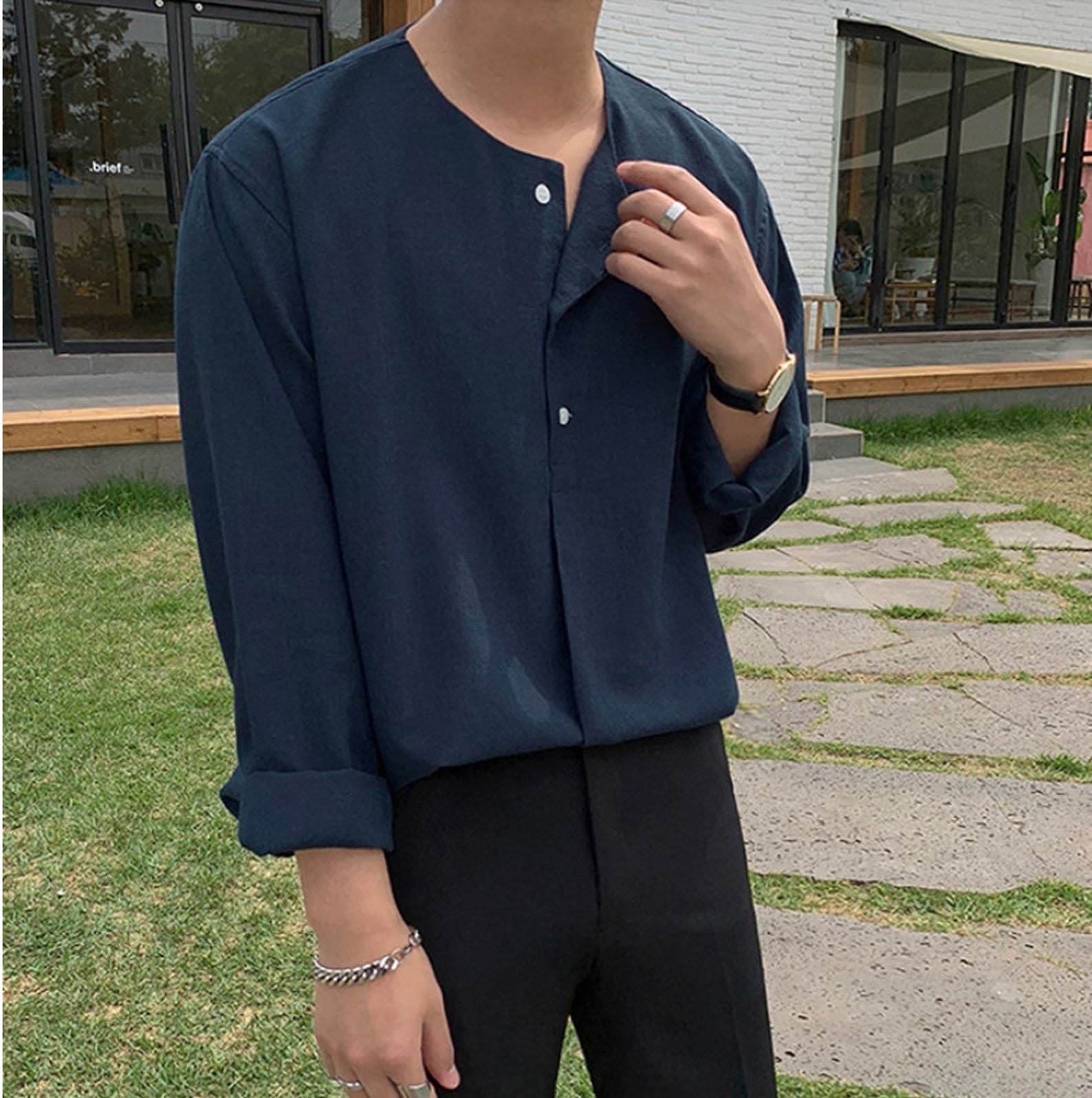 Solid Round Neck Mens Shirt Korean Loose Long Sleeve Etsy
