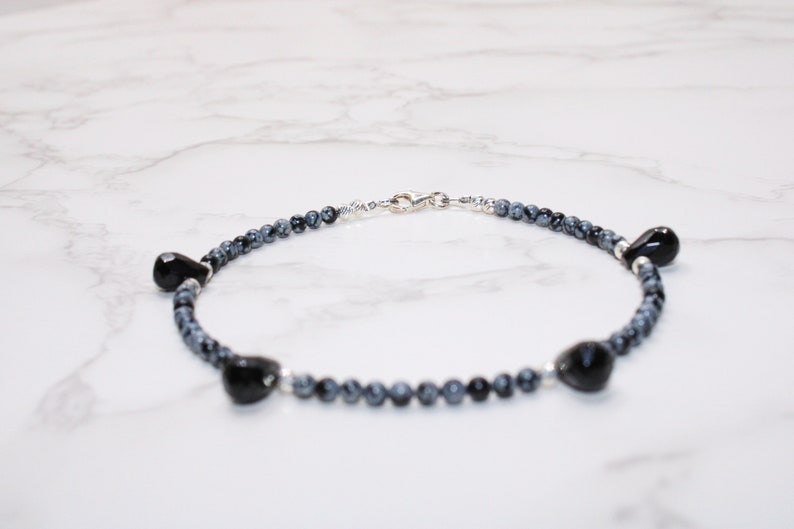 Snowflakes Obsidian and Black Onyx Sterling Silver Anklet - Beaded ...