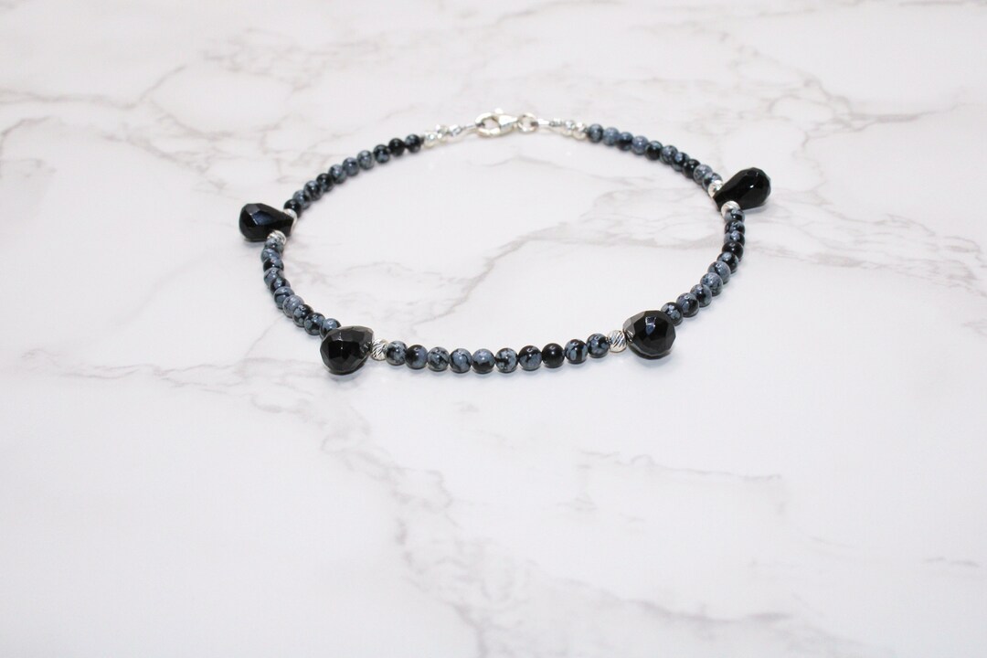 Snowflakes Obsidian and Black Onyx Sterling Silver Anklet - Beaded ...