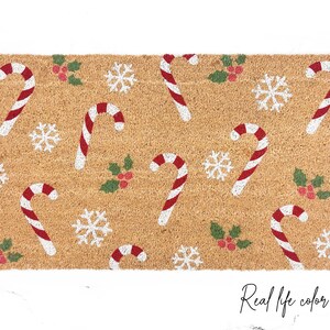 Candy Cane Christmas Doormat: Snowflake Pattern, Natural Coir - Etsy