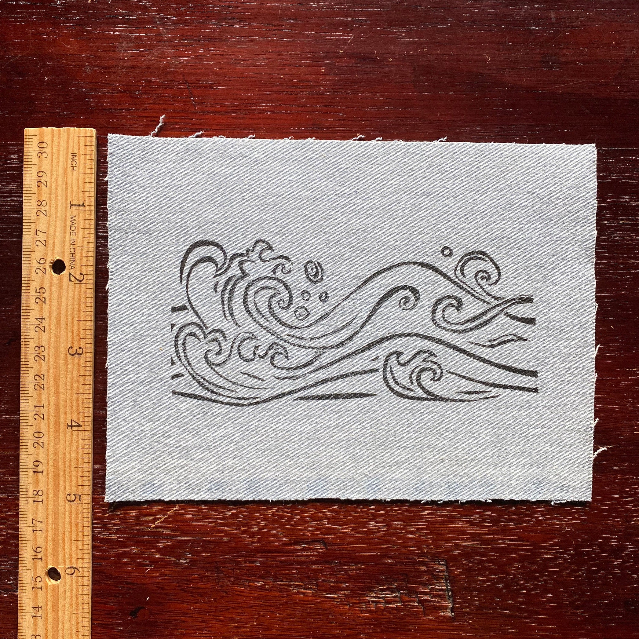 Wave Patch, Slow Stitch Visible Mending, Upcycled Denim, Hand Printed Wearable Art, Sustainable ...