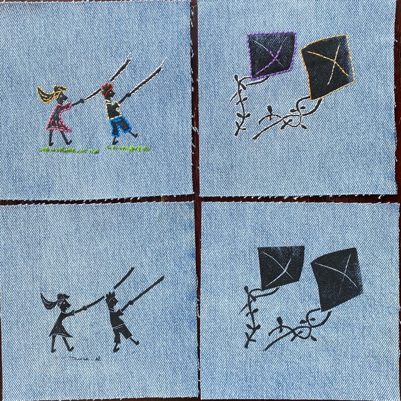 Set of Two Kite Flying Patches, Kite Prints, Slow Stitch Visible ...