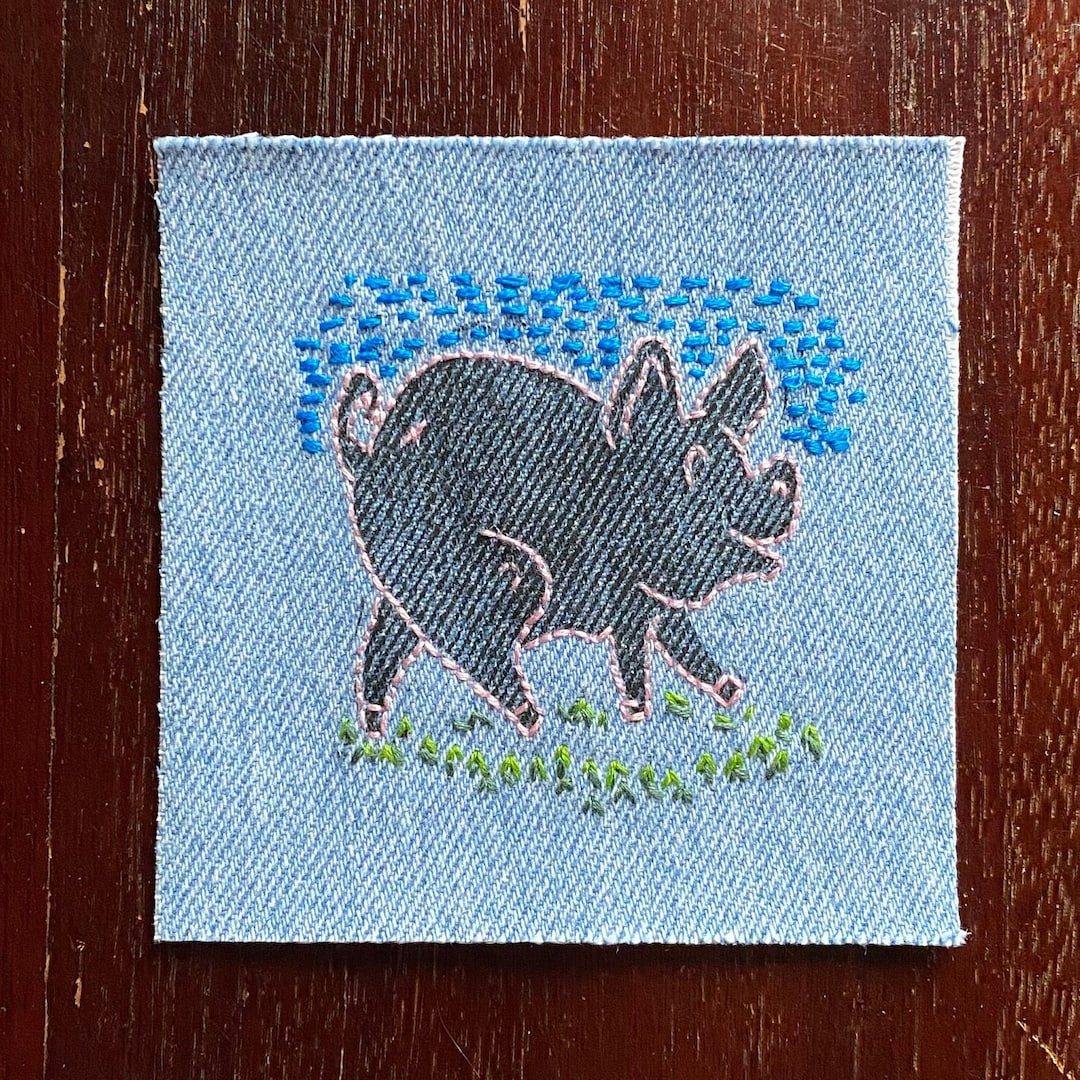 Hand Embroidered Pig Patch, Happy Pig Print, Upcycled Denim Patch, Slow ...