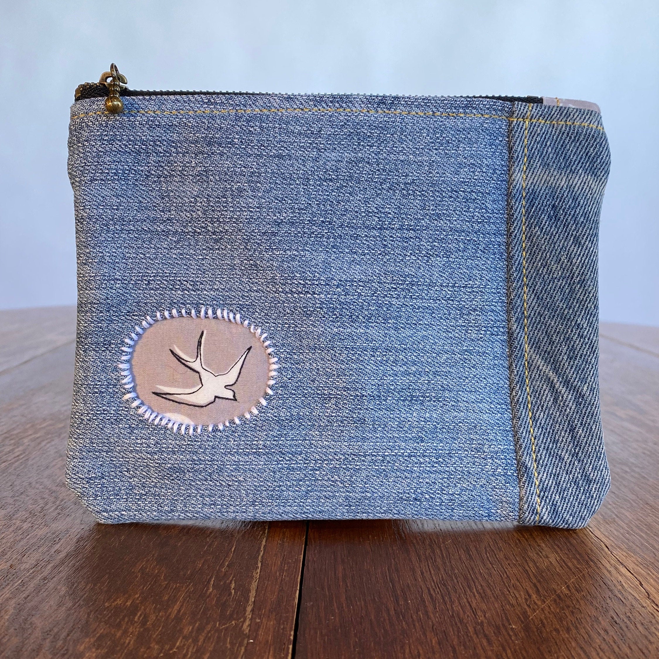 Hand Embroidered Small Bag With Swallow Upcycled Denim Zipped - Etsy