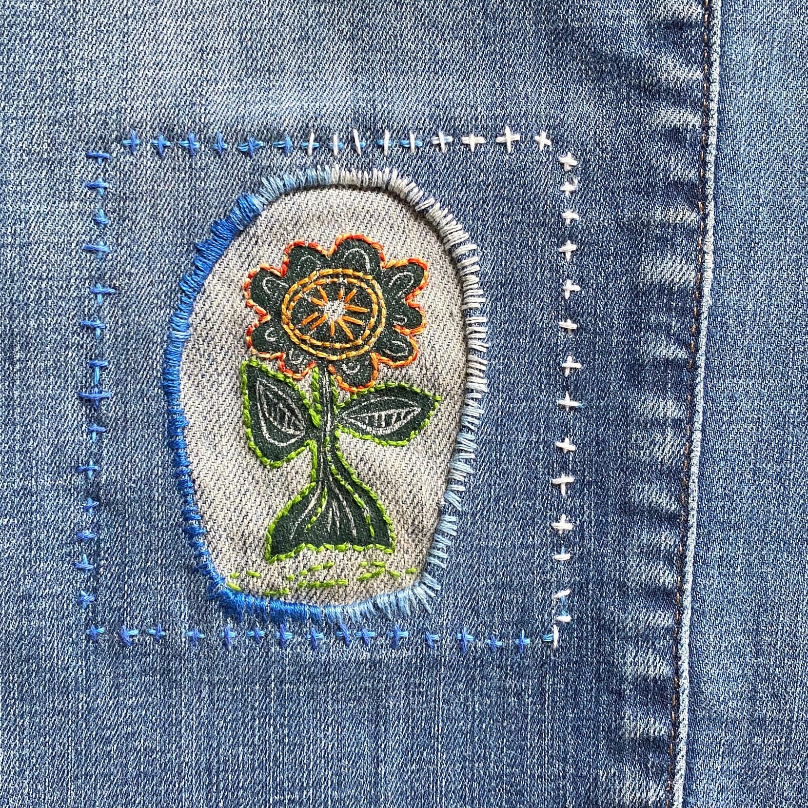 Upcycled Denim Flower Patch, Flower Print, Slow Stitch Visible Mending ...