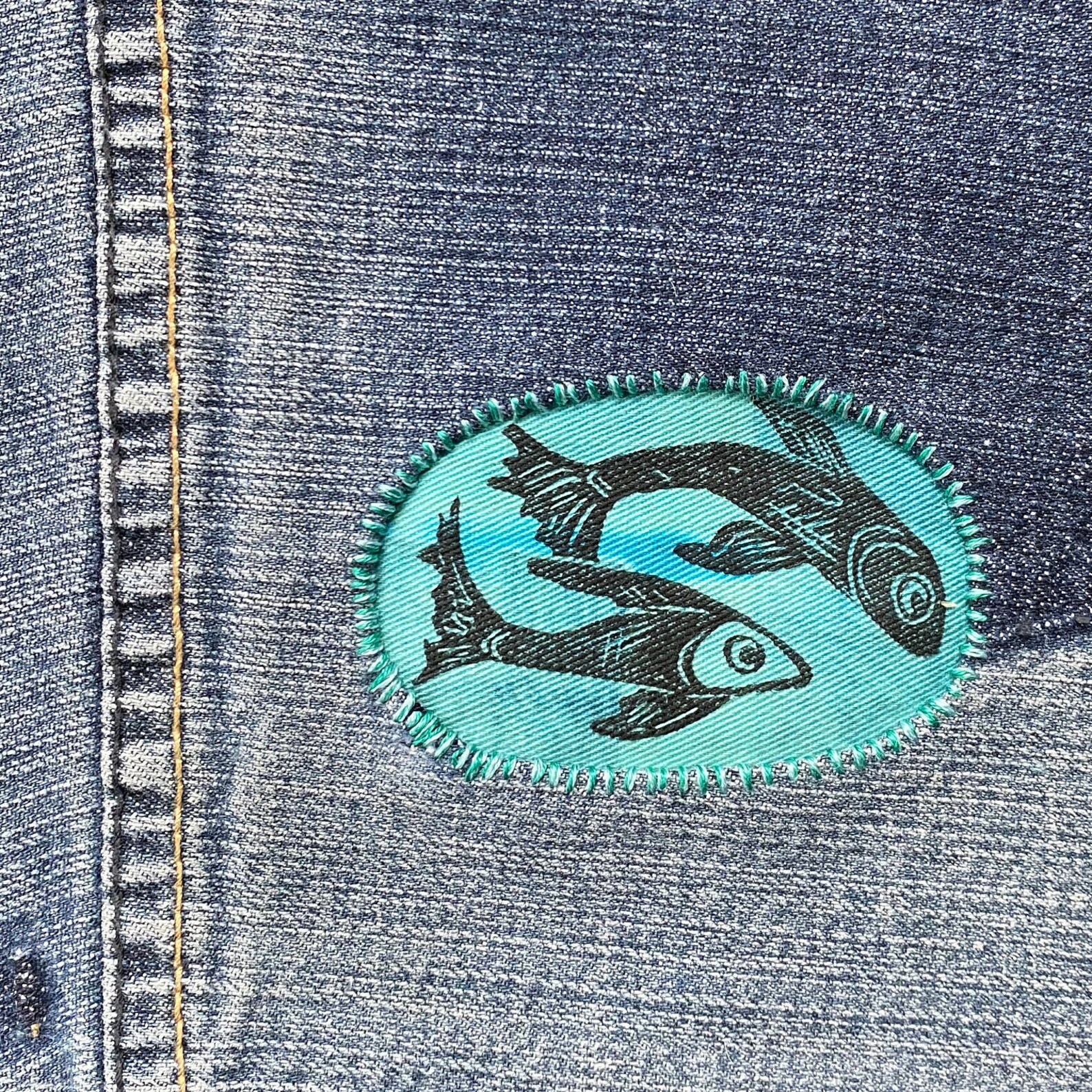 Swimming Fish Patch, Block Printed Fish Print, Sew on Patch, Visible ...