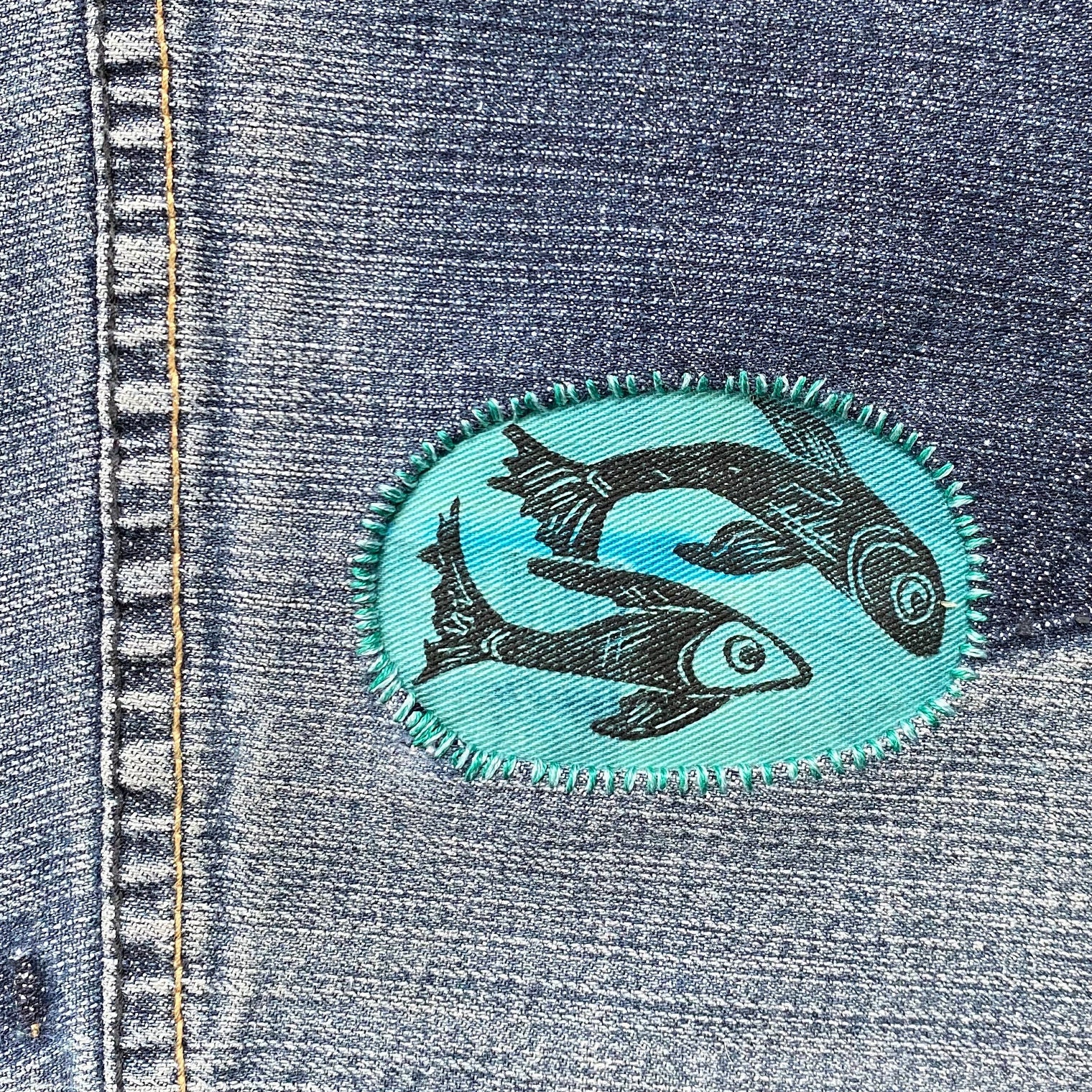Swimming Fish Patch Block Printed Fish Print Sew on Patch - Etsy