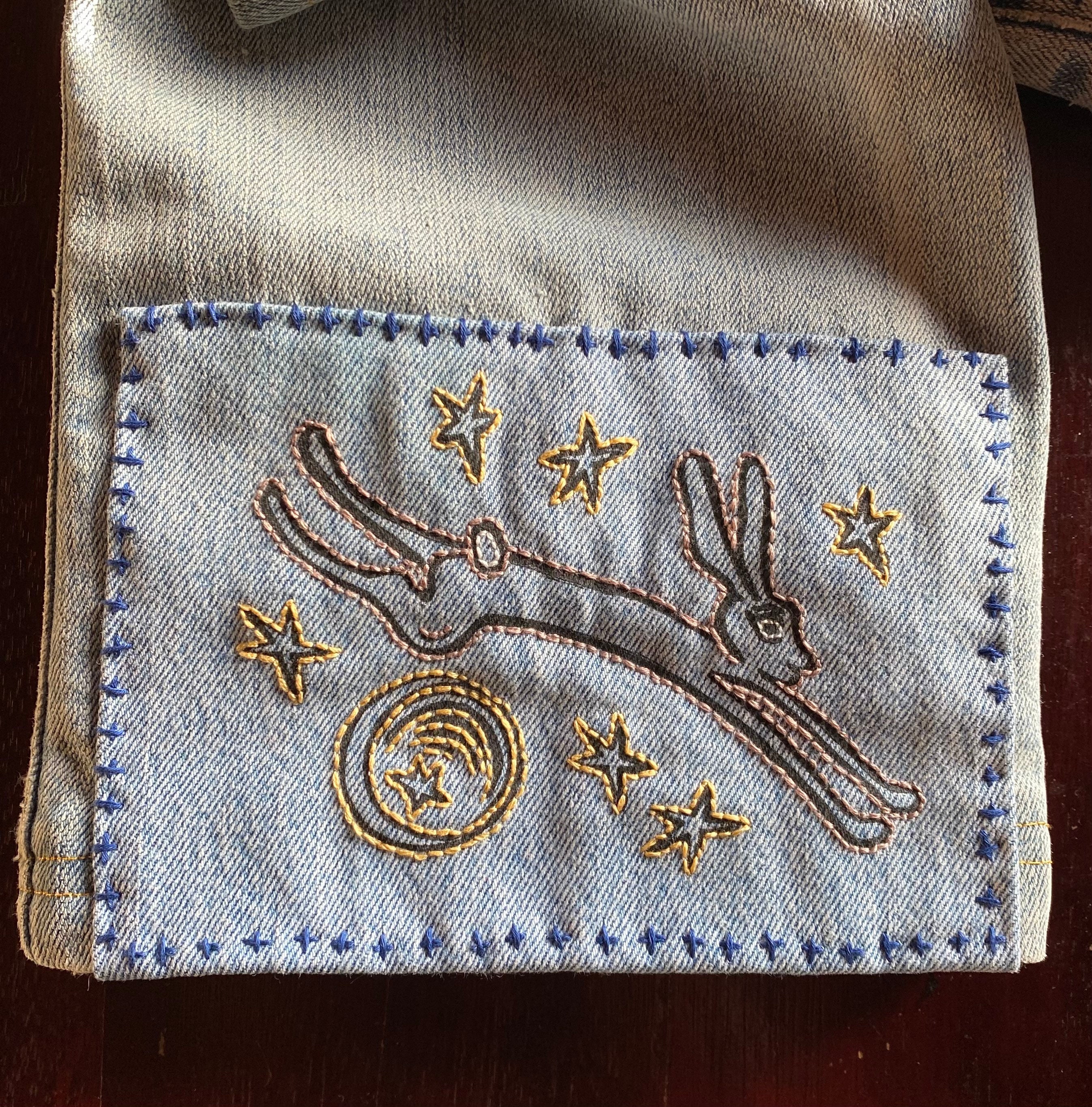 Hare and Moon Patch, Visible Mending Patch, Upcycled Denim, Sew On ...