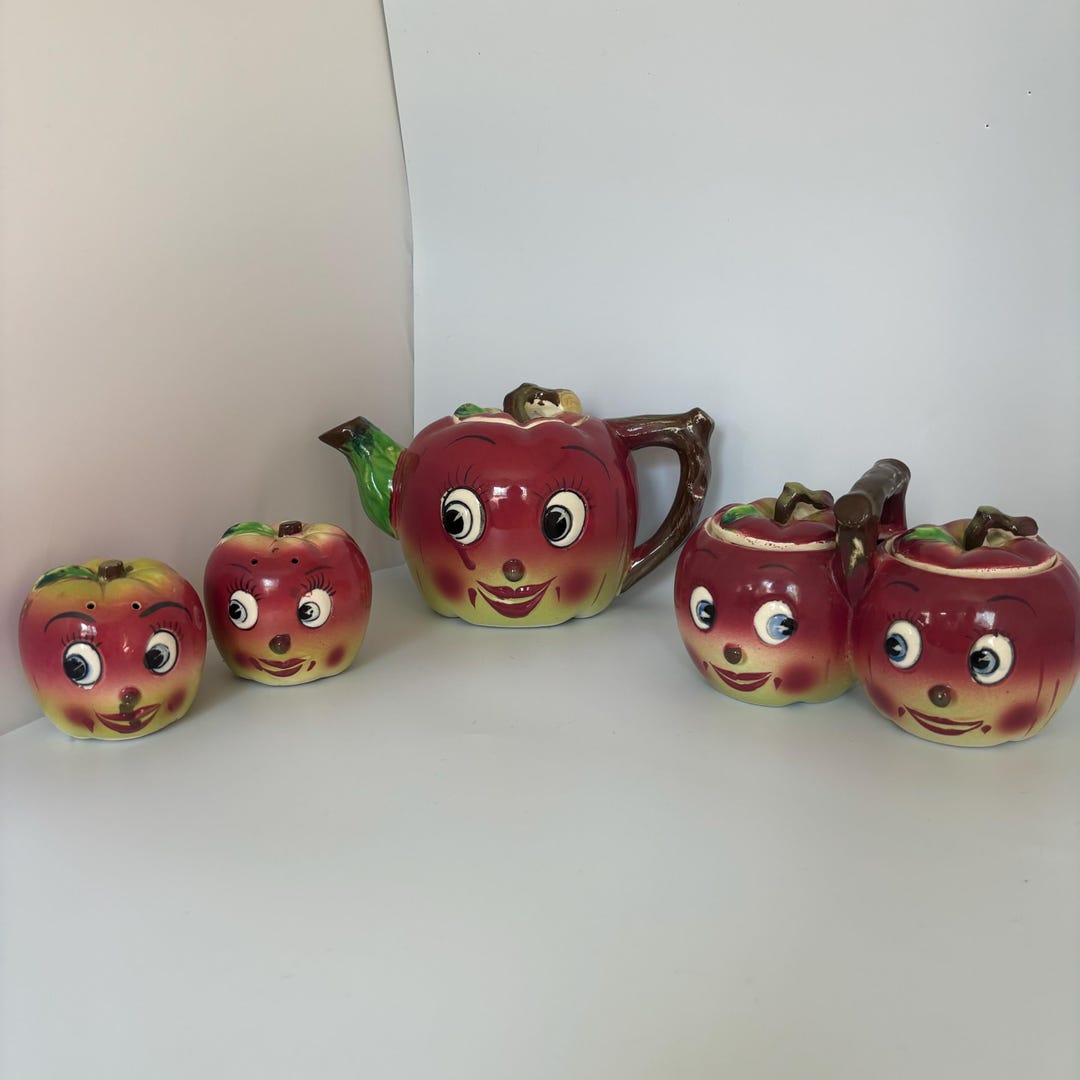 Vintage Anthropomorphic Apple Teapot Condiment Jar Dish and Shaker Set ...