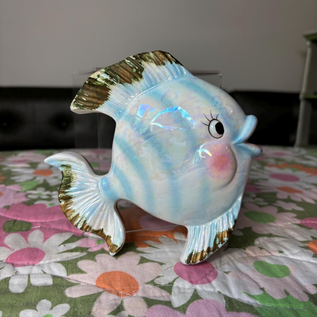 Vintage Mcm Bradley Ceramic Fish Wall Pocket Blue and White Stripe Gold ...