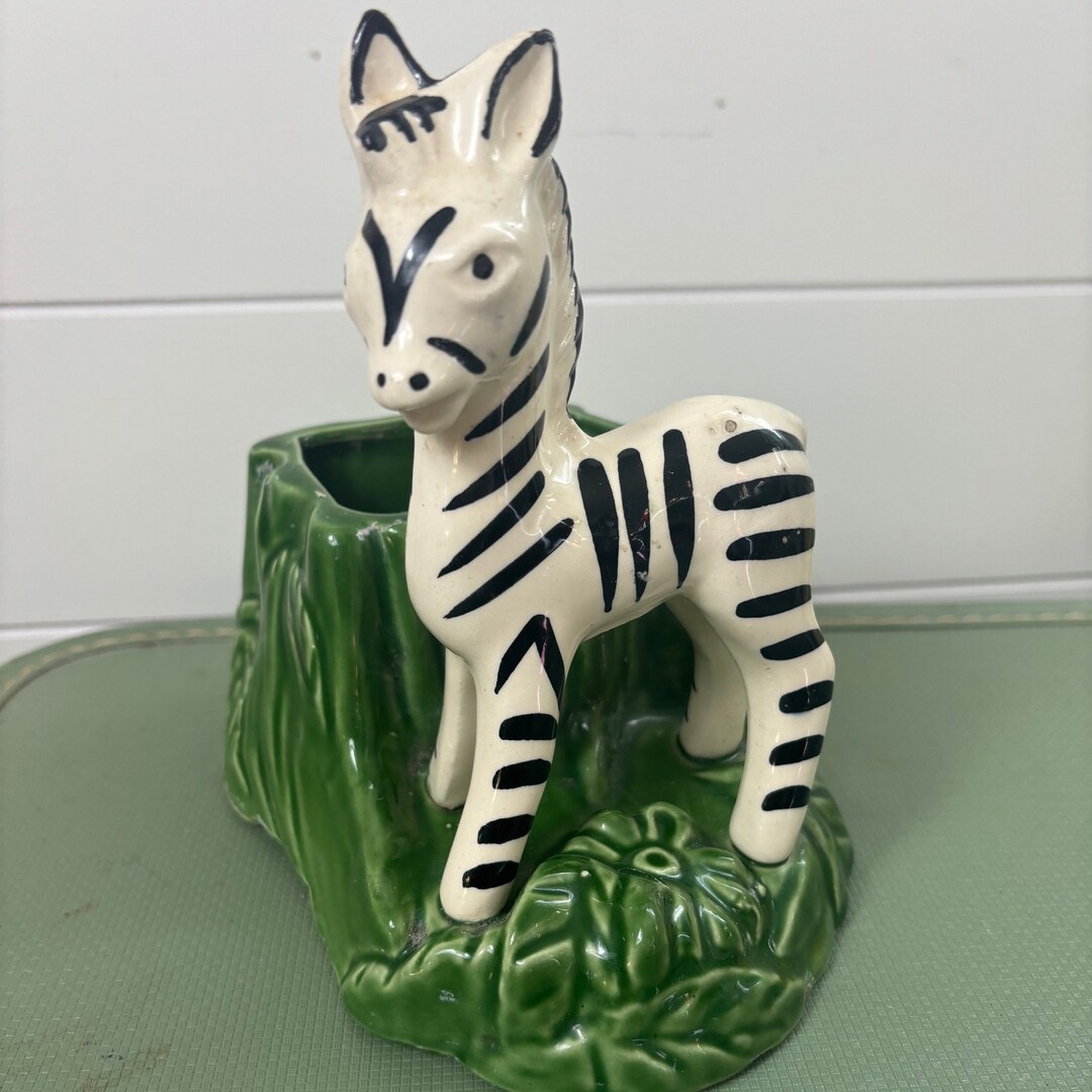 Vintage Shawnee Pottery Zebra Standing by Green Stump Planter - Etsy