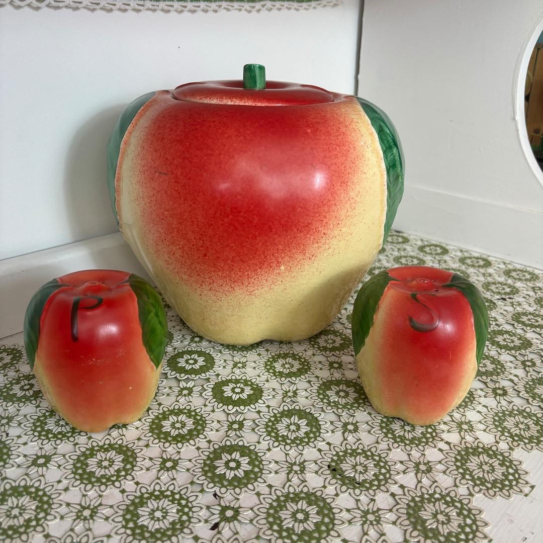 Vintage HULL Pottery Blushing Apple Shape Cookie Jar and Shaker Set MCM ...