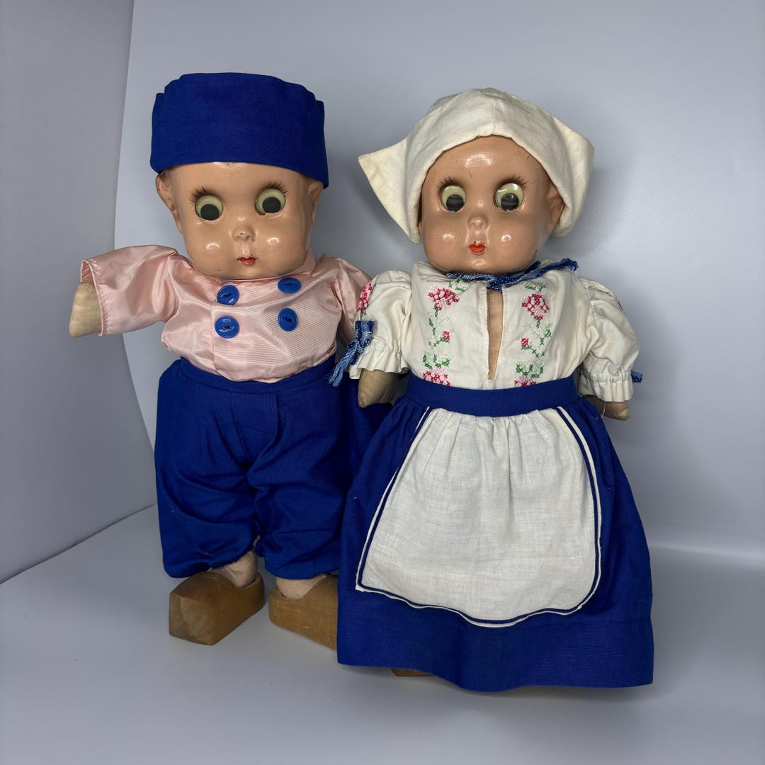 Antique Goo Goo Eye Dolls, Male and Female Dutch Style Cloth, Body ...