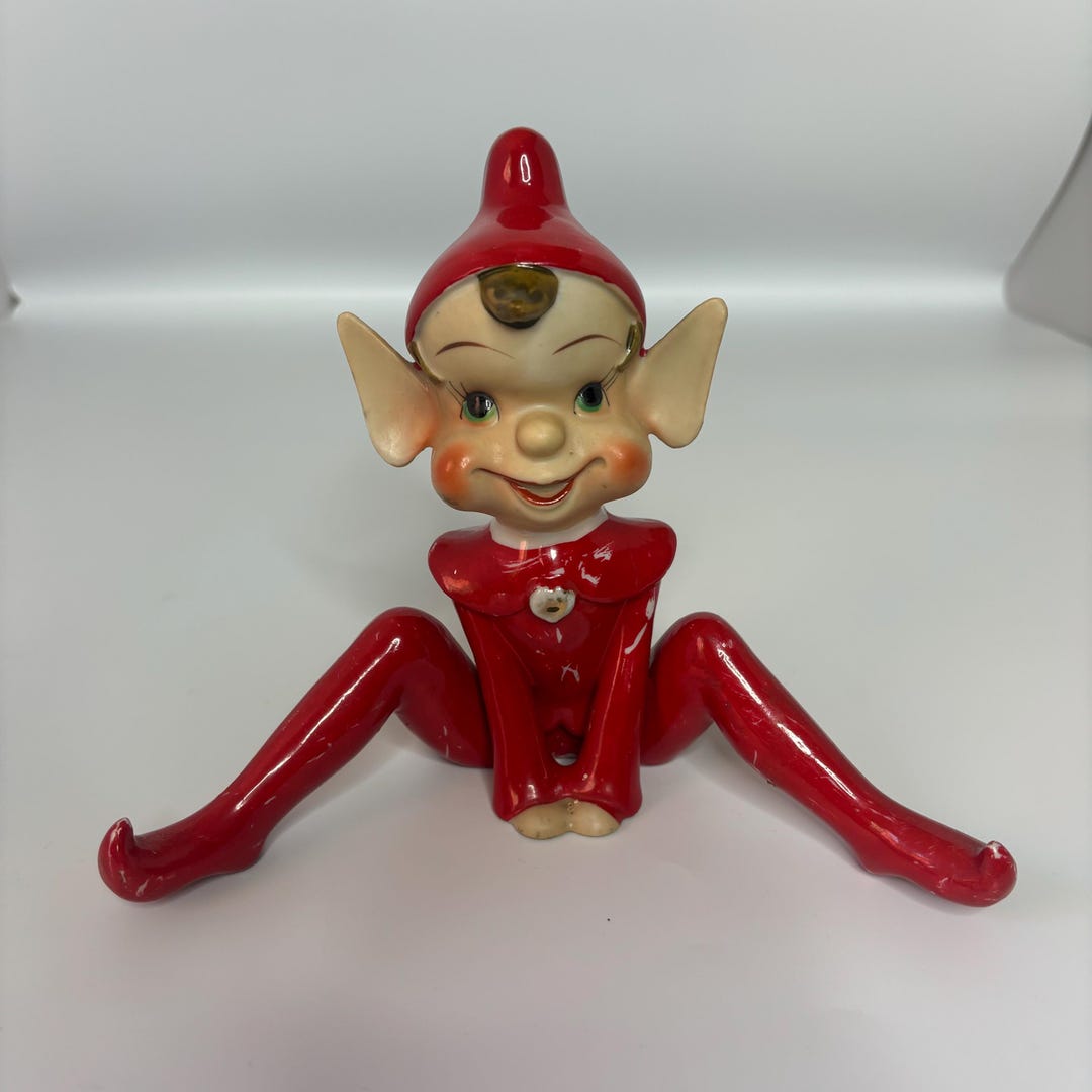 VTG 1950s Large Ceramic Pixie Elf Red With Gold Heart Christmas Holiday ...