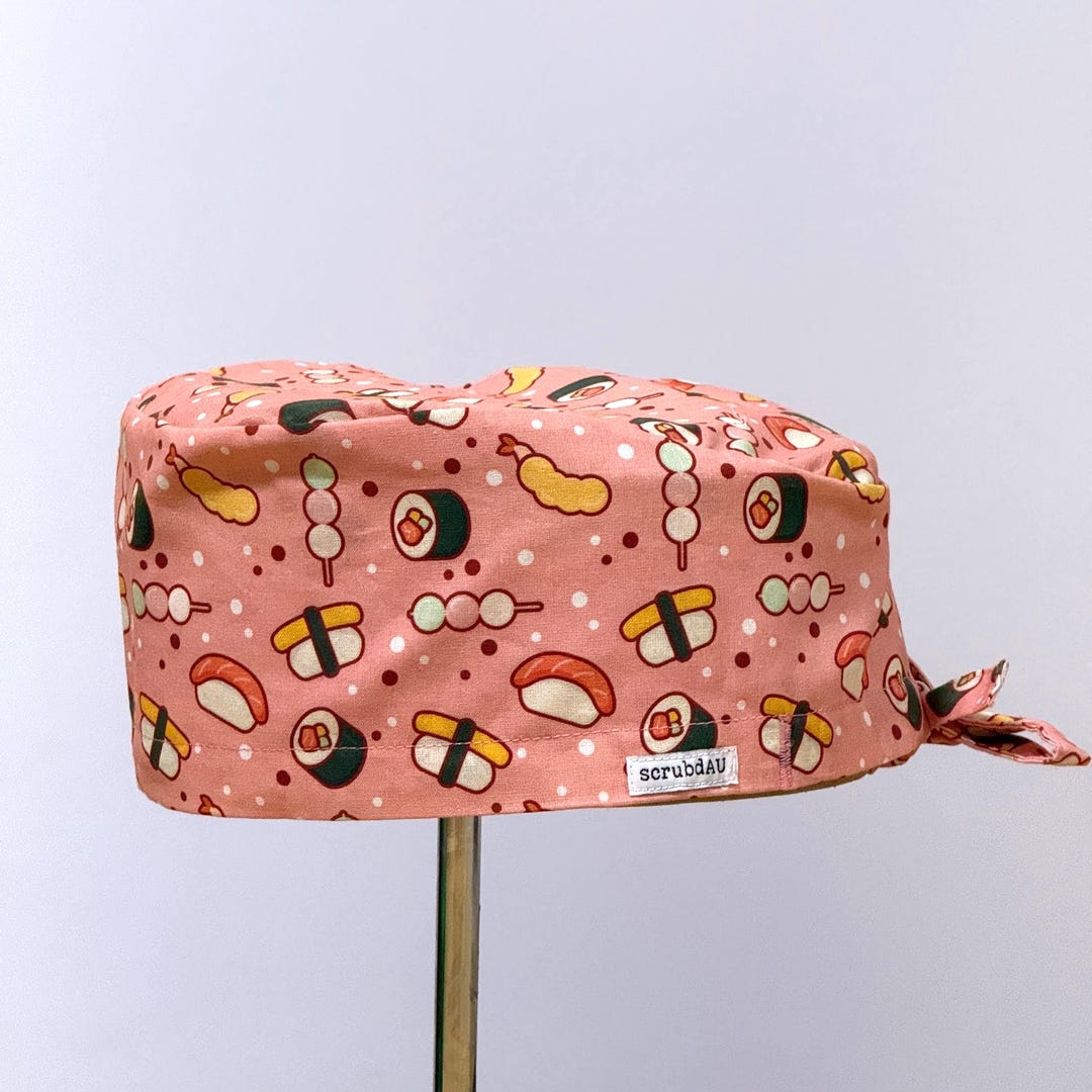 Pink Sushi Dango Print Scrub Cap - Custom Embroidery, Handmade Cotton ...
